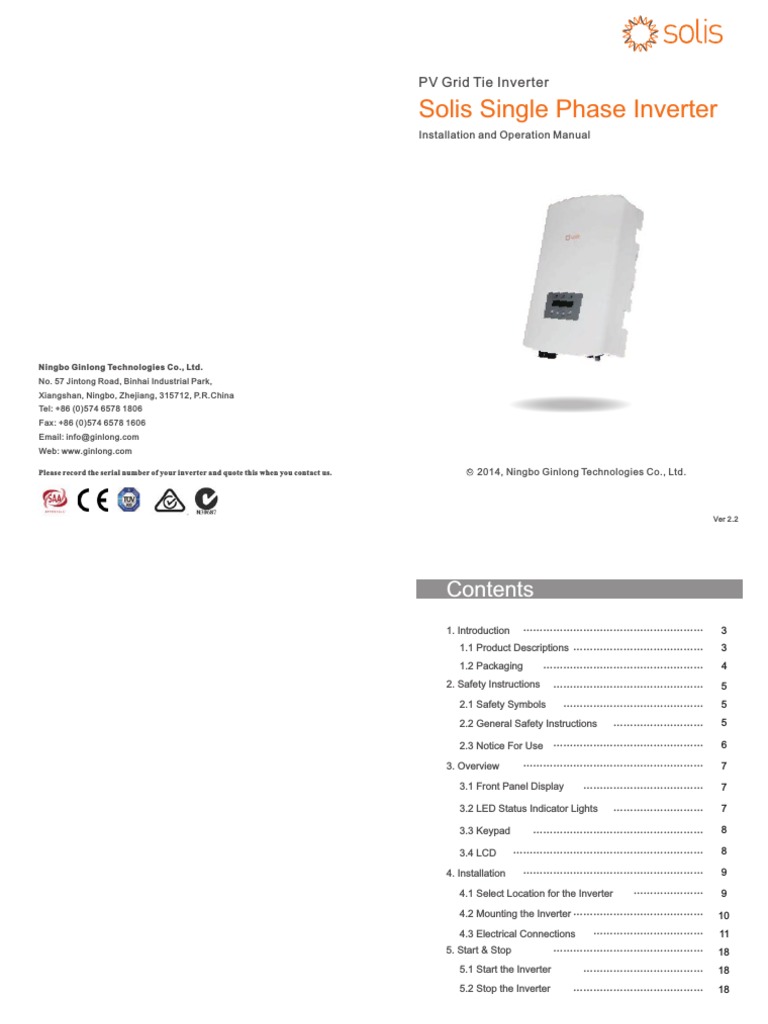 Solis 1 5k 2g Manual v2 2 | Electrical Connector | Power Inverter