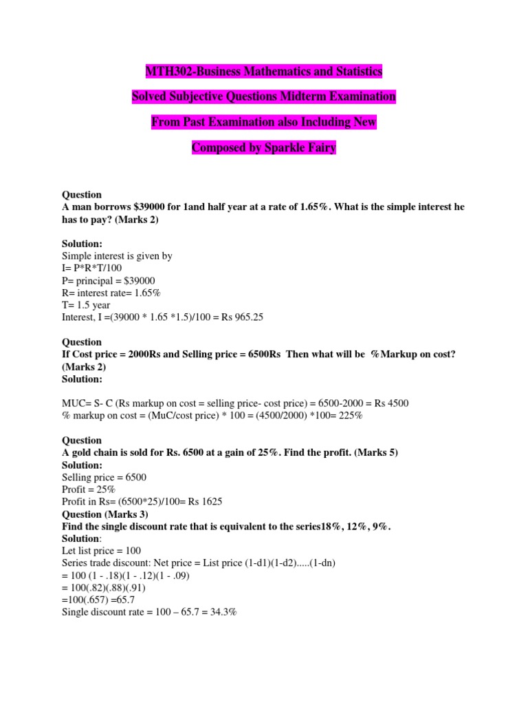 MTH302 Solved Subjective Questions For Midterm Preparedby Sparkle Fairy | PDF | Present Value ...