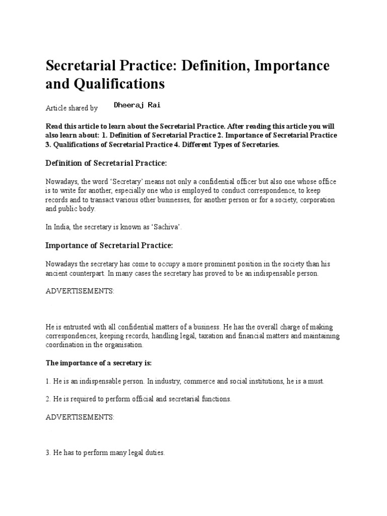 Secretarial Practice | Secretary | Diplomatic Rank