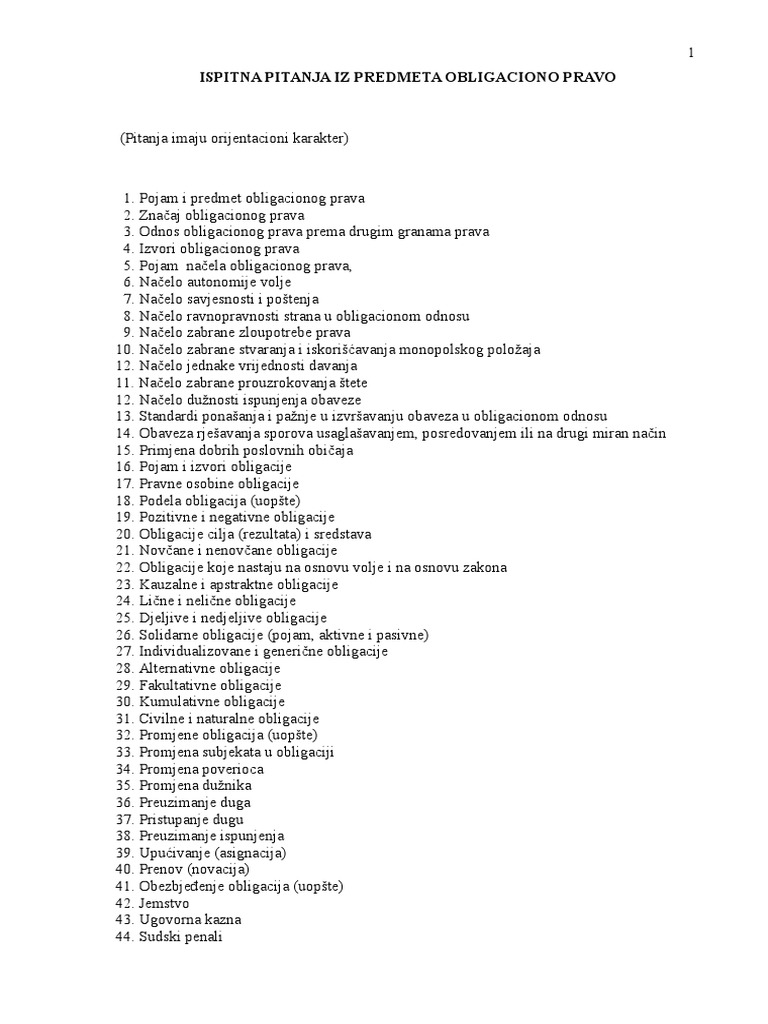 Ispitna Pitanja Obligaciono Pravo Apeiron | PDF