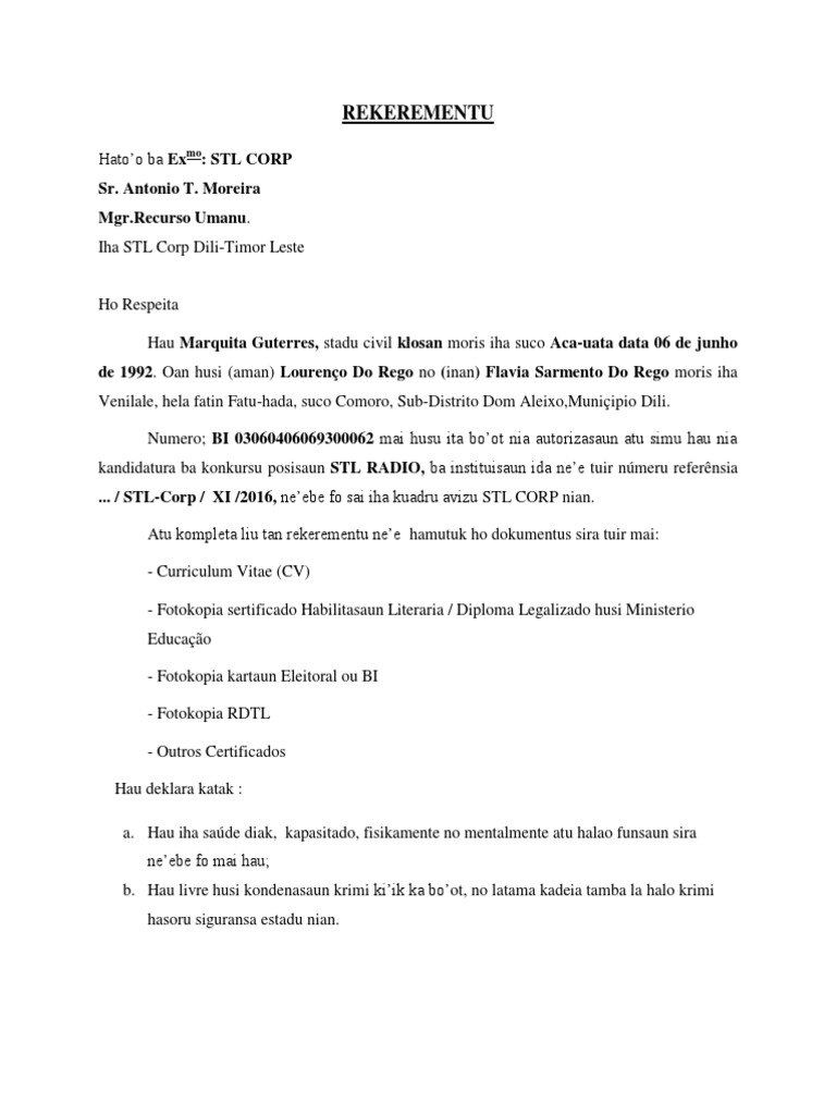 Rekerementu:: STL Corp Sr. Antonio T. Moreira MGR - Recurso Umanu | PDF
