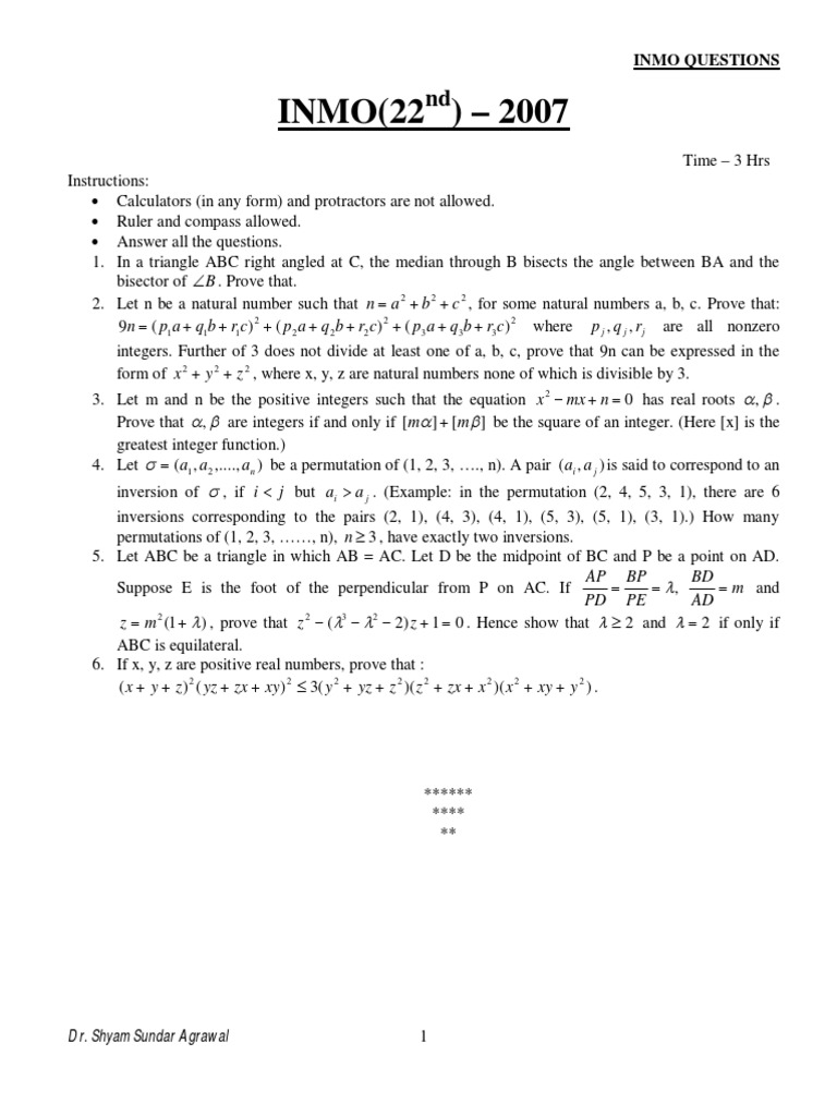 INMO Math Problems 2007 | PDF | Teaching Methods & Materials | Science ...