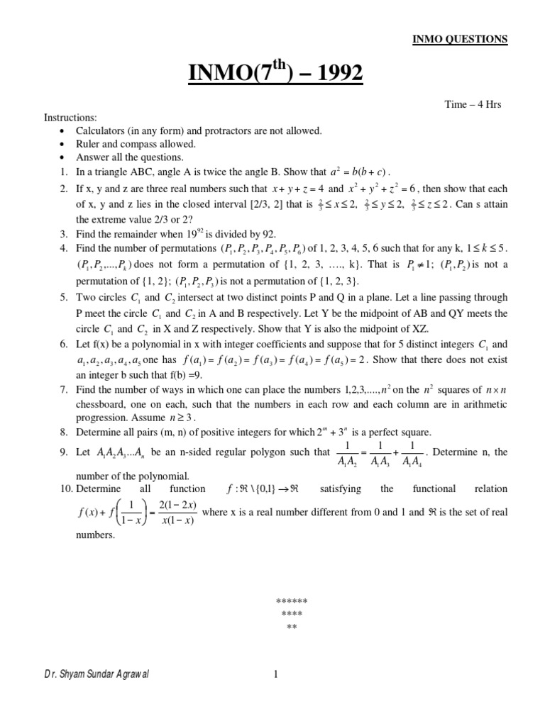 INMO 1992 Math Competition Questions | PDF | Teaching Methods & Materials