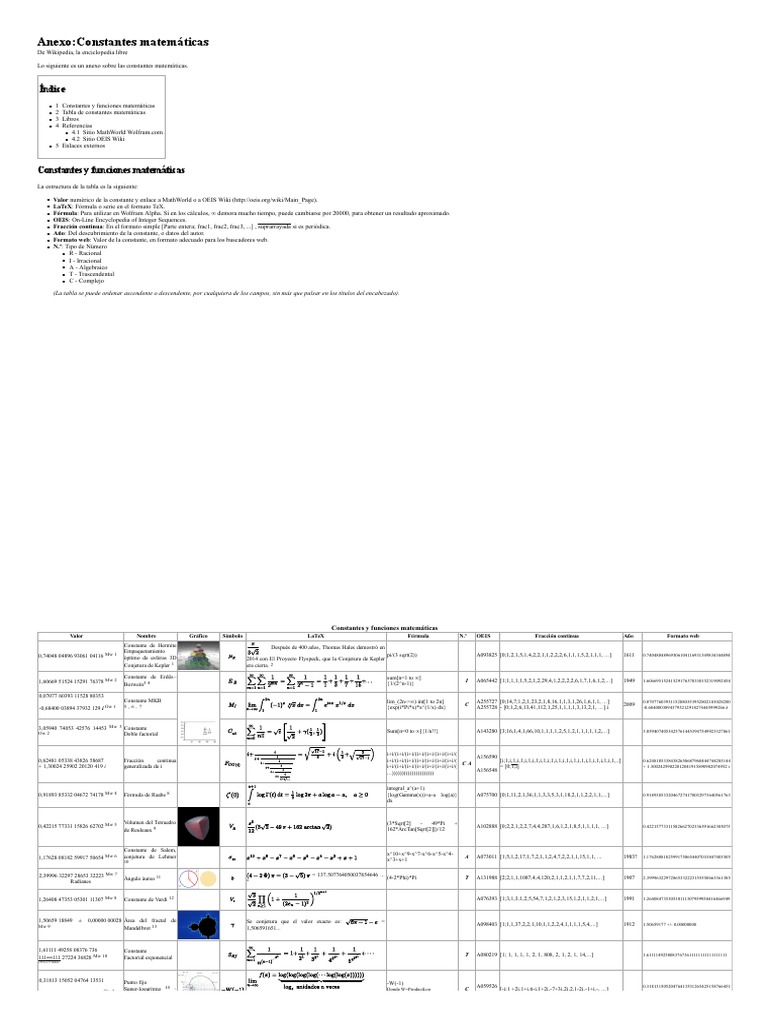 Anexo - Constantes Matemáticas PDF | PDF | Pi | Raíz cuadrada