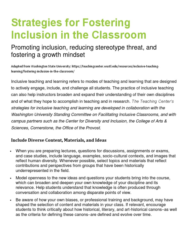 Strategies For Fostering Inclusion in The Classroom | PDF | Inclusion ...