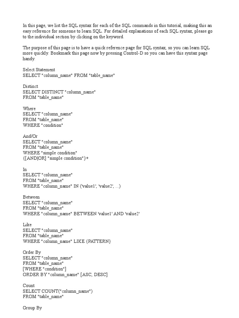 In This Page We List The Sql Syntax For Each Of The Sql