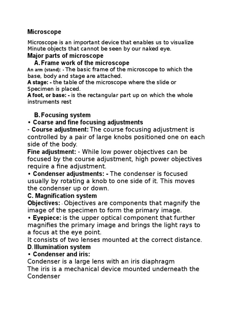 Microscope: A Stage: - A Foot, or Base | PDF