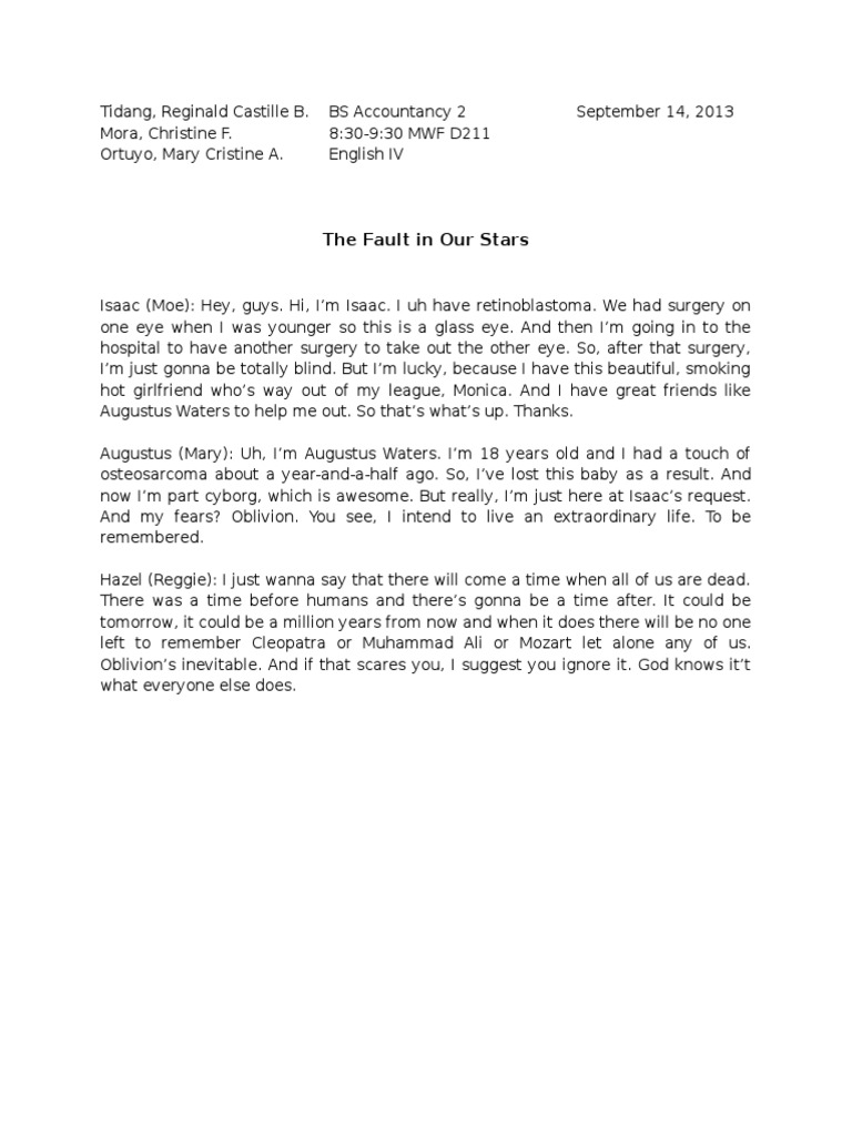 The Fault in Our Stars Character Insights | PDF