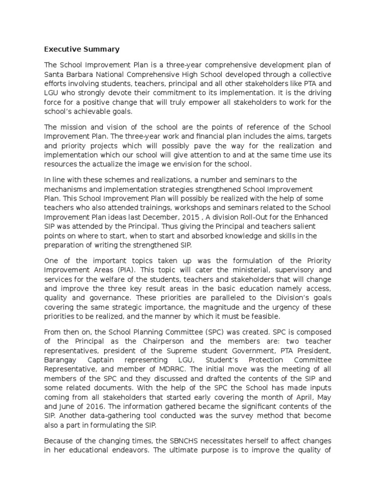 Executive Summary 1 (1) | Secondary School | Quality Of Life