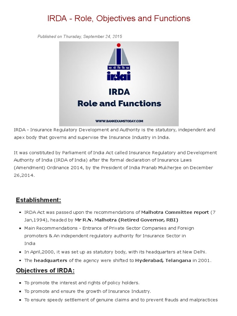 IRDA - Role, Objectives and Functions. | PDF | Insurance | Business