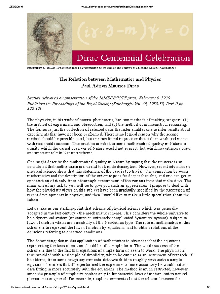 Dirac on Mathematics and Physics Relation | PDF | Physics | Quantum ...