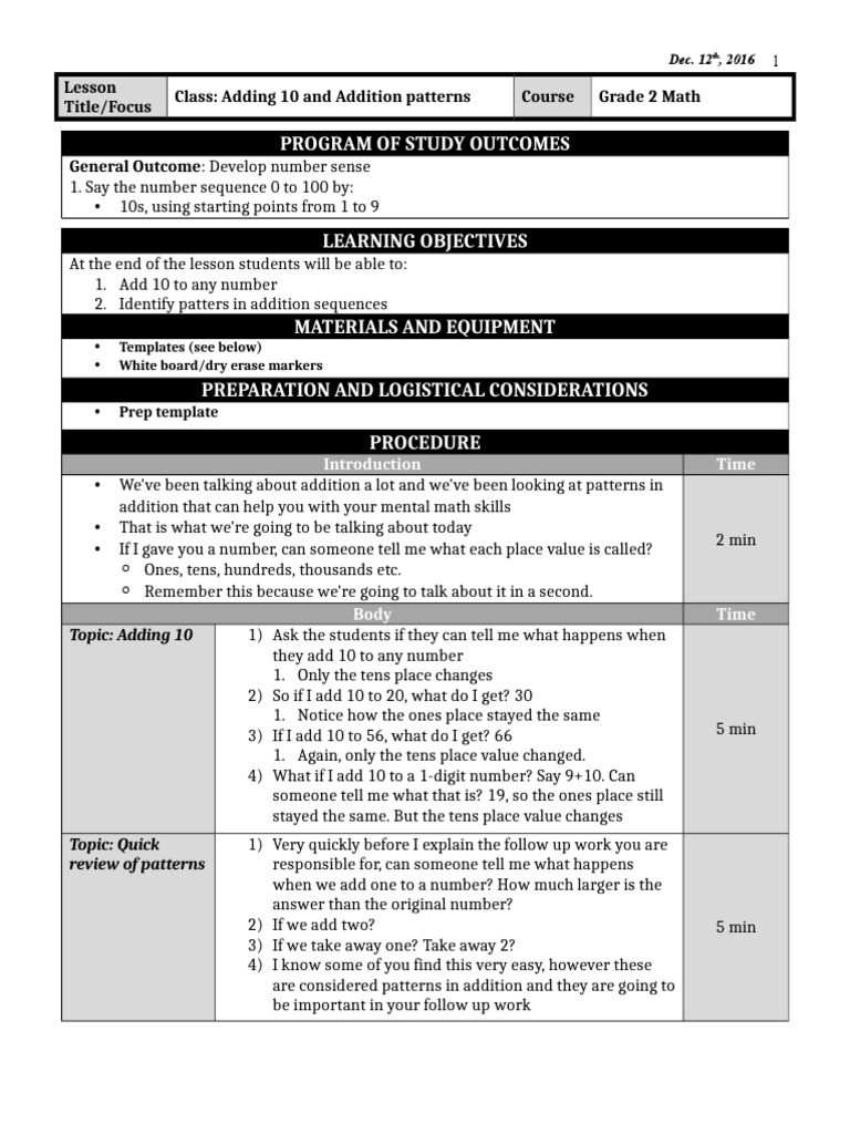 Grade 2 Math: Adding 10 Lesson Plan | PDF | Teaching | Cognition