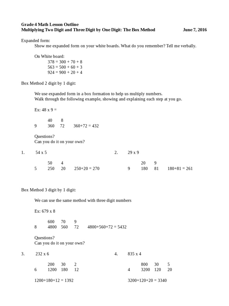 Grade 4 Math Lesson Outline Multiplying Two Digit and Three Digit by ...