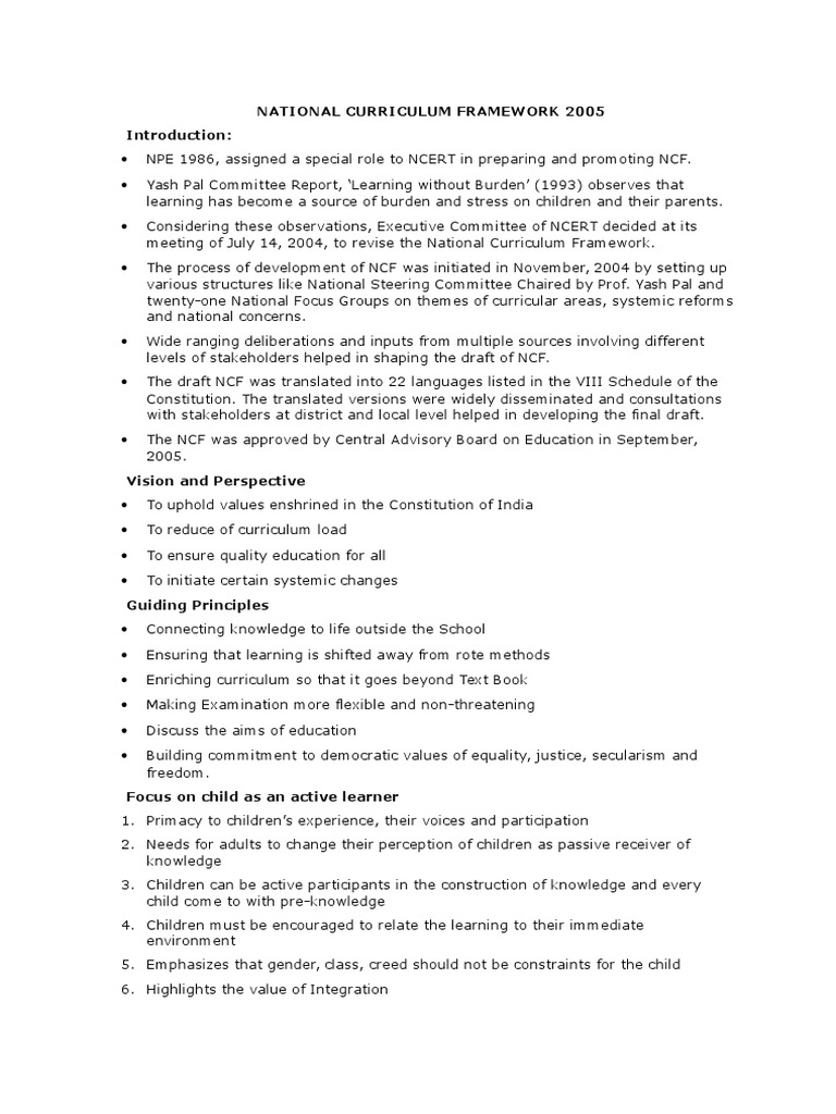 National Curriculum Framework 2005 Overview | PDF | Curriculum ...