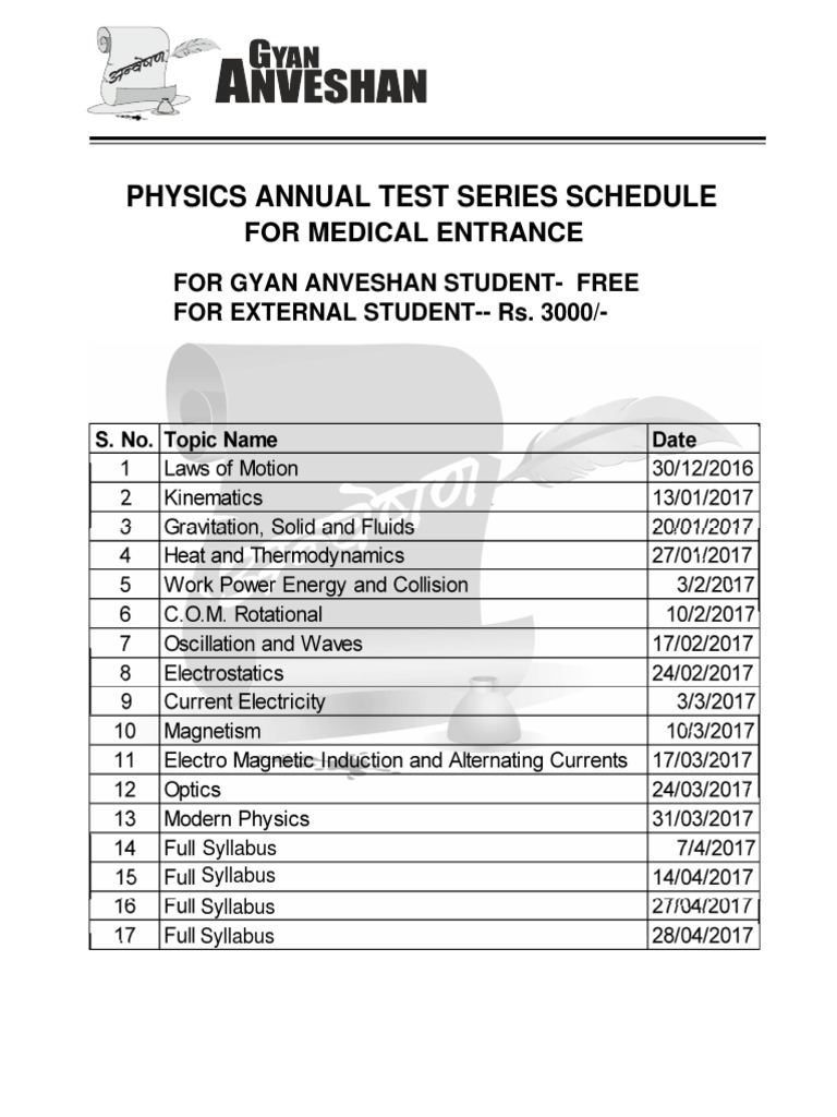 Physics Annual Test Series Schedule | PDF