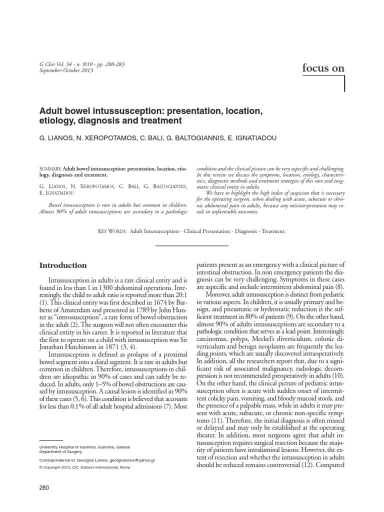 Adult Bowel Intussusception: Presentation, Location, Etiology ...