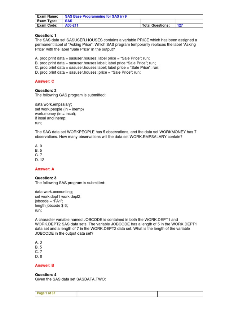 SAS Base Programming Exam A00-211 | PDF | Sas (Software) | C (Programming Language)