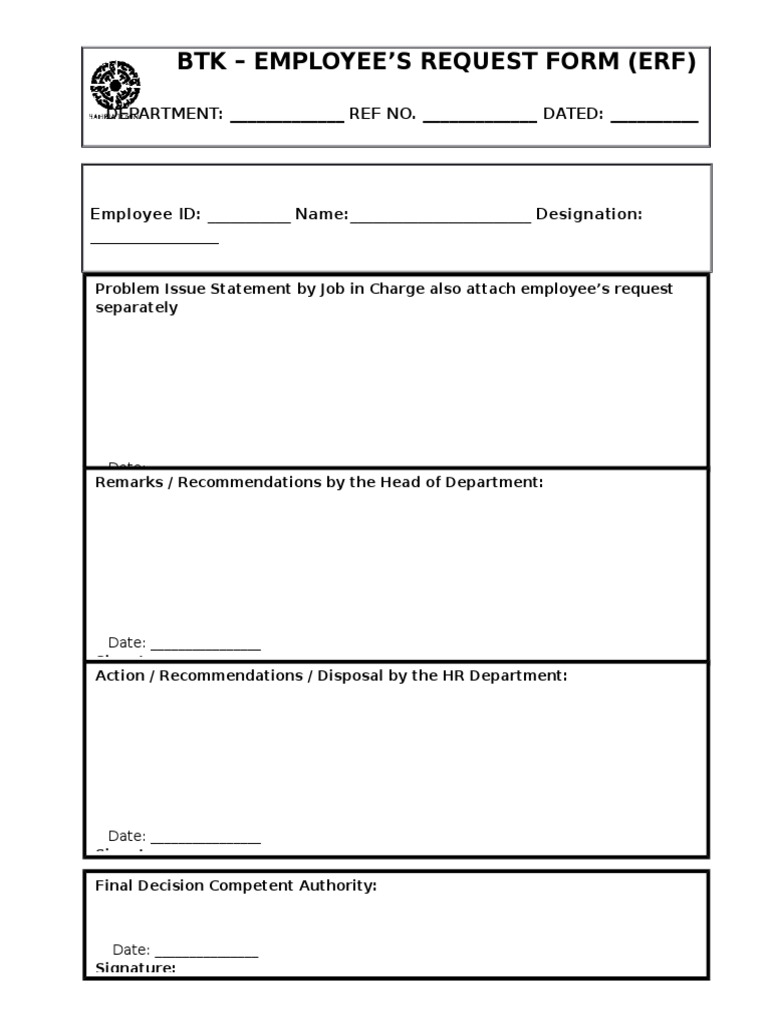 BTK - Employee'S Request Form (Erf) : Department: Ref No. Dated | PDF