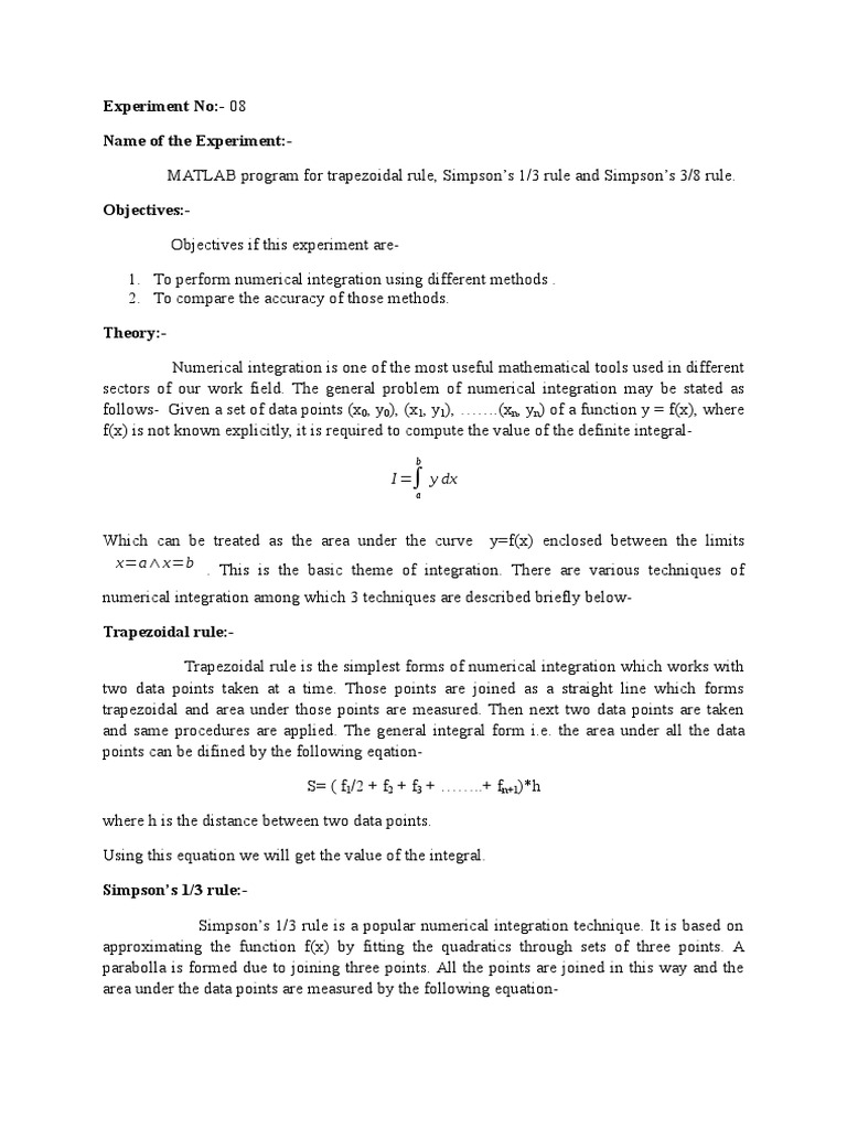 Comparing Numerical Integration Techniques: A MATLAB Program Demonstrating the Trapezoidal Rule ...