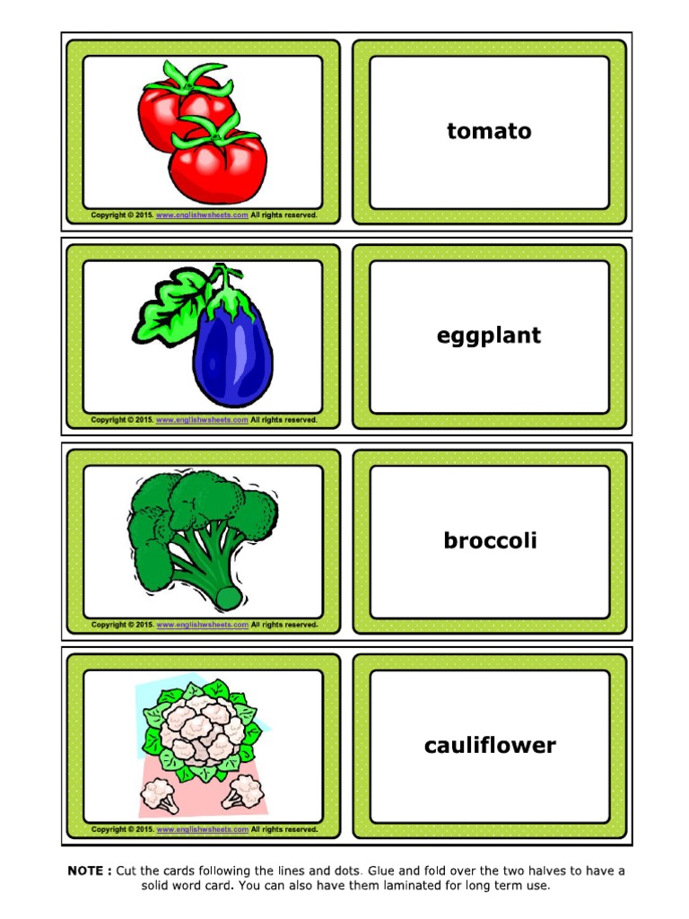 Vegetables Esl Vocabulary Game Cards For Kids PDF | PDF