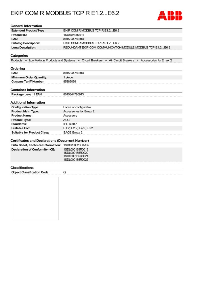 1SDA074158R1 Ekip Com R Modbus TCP R E1 2 E6 2 | PDF