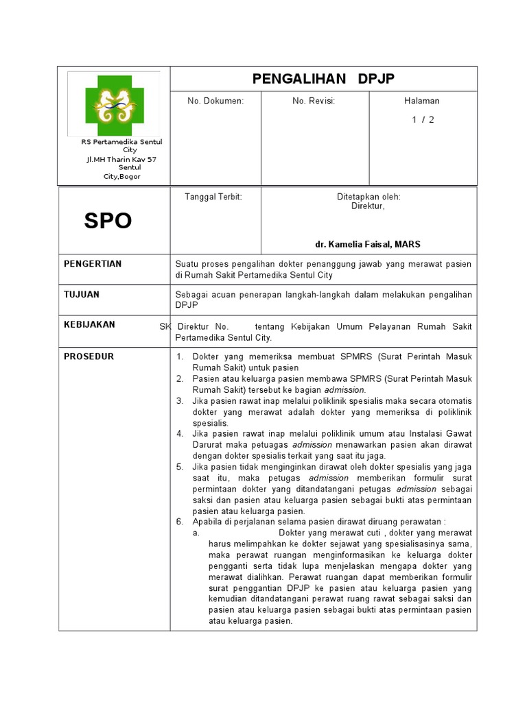 Prosedur Pengalihan DPJP di RS Pertamedika | PDF
