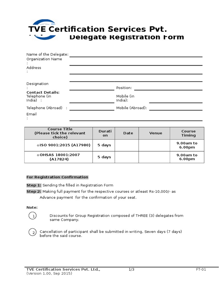 FT-01 Delegate Reg Form | PDF | Iso 9000 | Occupational Safety And Health