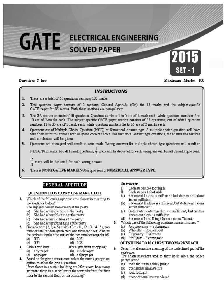 GATE Electrical Solved Paper | PDF | Capacitor | Inductor