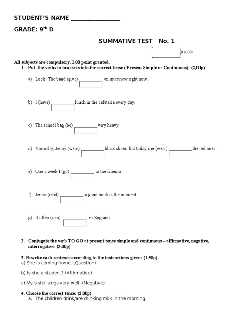 Test Present Simple and Continuous | PDF