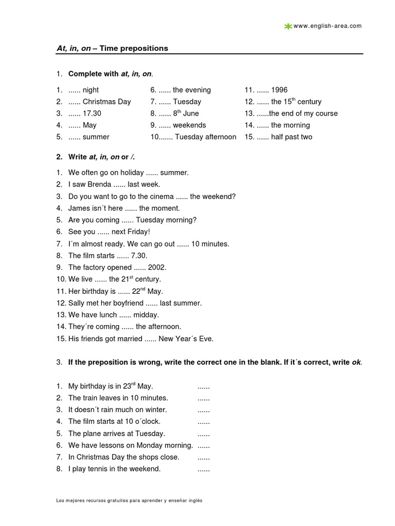 Prepositions "At, In, On" Exercises | PDF