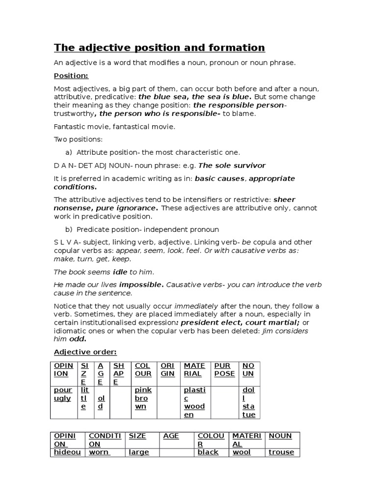 The Adjective Position and Formation | PDF | Verb | Adjective