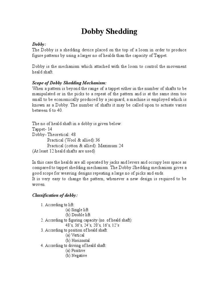 Dobby Shedding Mechanism Types | PDF | Loom | Weaving