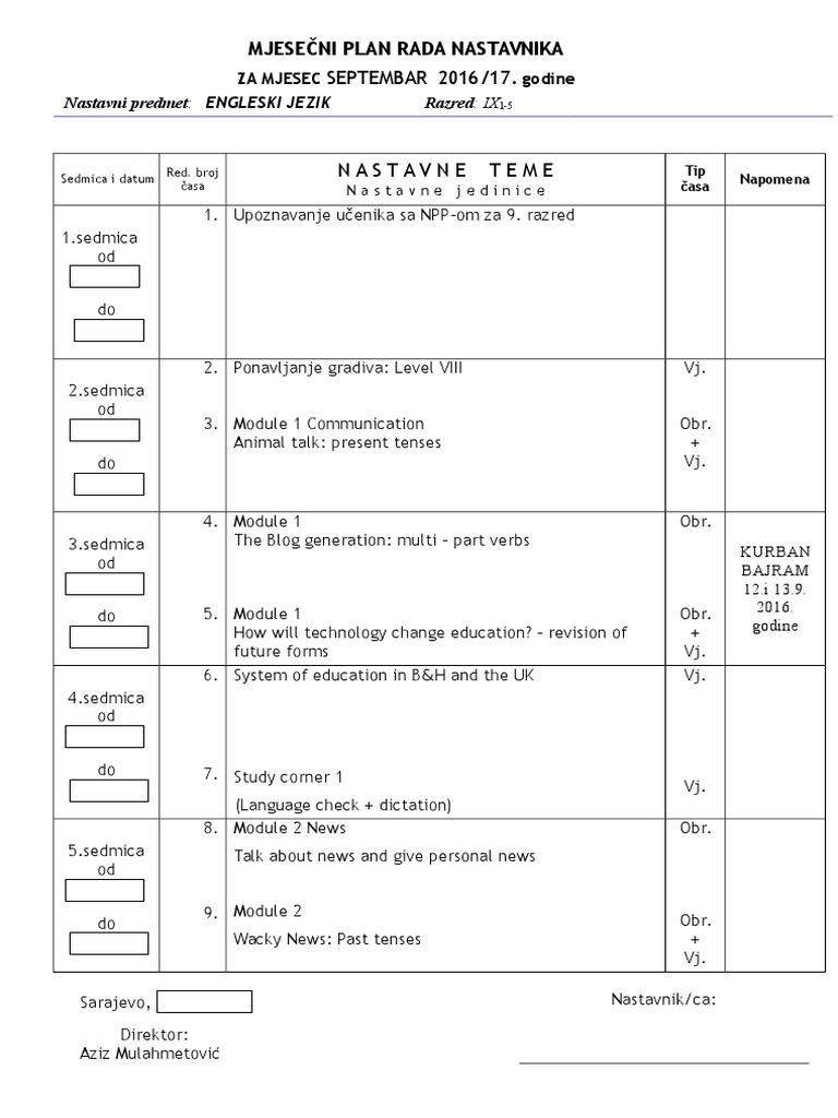 Mjesecni Plan Rada Nastavnika (Engleski Jezikv) | PDF