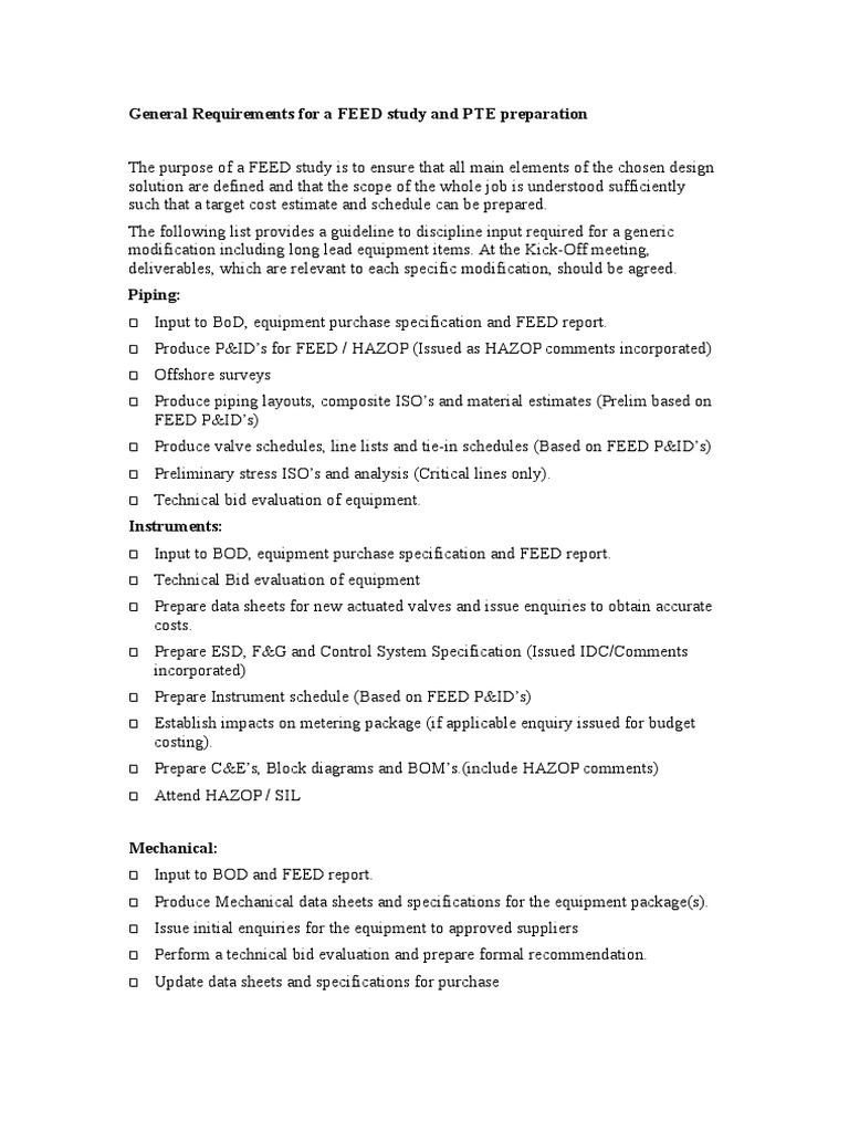 General Requirements For A FEED Study and PTE Preparation | Download ...