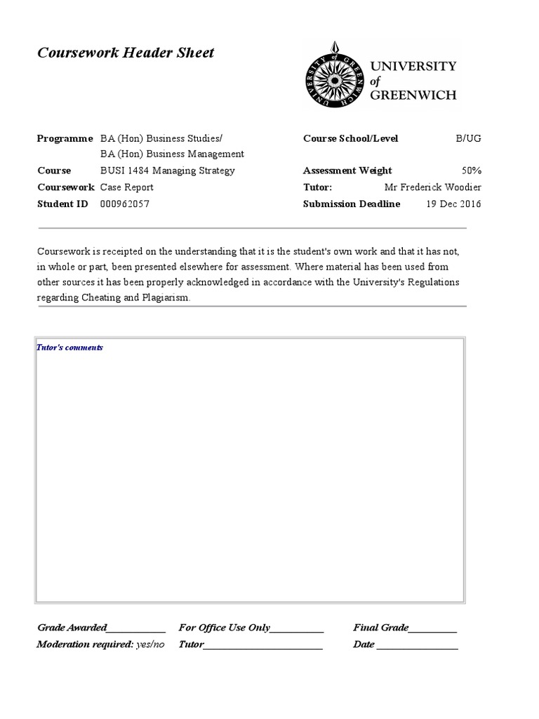 Coursework Header Sheet - BUSI1484 Case Report | PDF