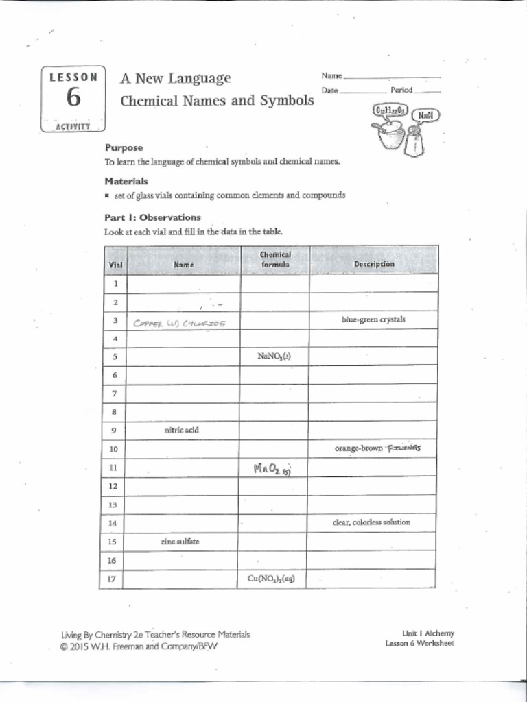 Lesson 6 Activity - A New Language Chemical Names and Symbols | PDF