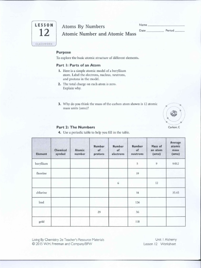 Lesson 12 Classwork - Atoms by Numbers Atomic Number and Atomic Mass ...