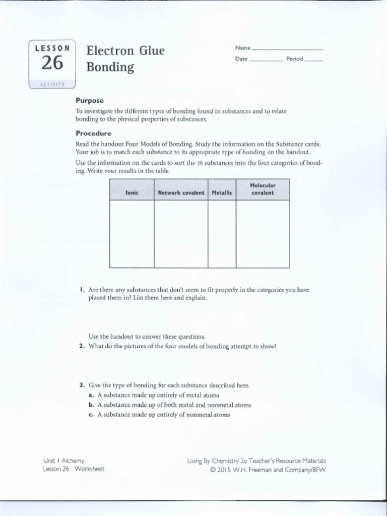 Lesson 26 Activity - Electron Glue Bonding 1 | PDF