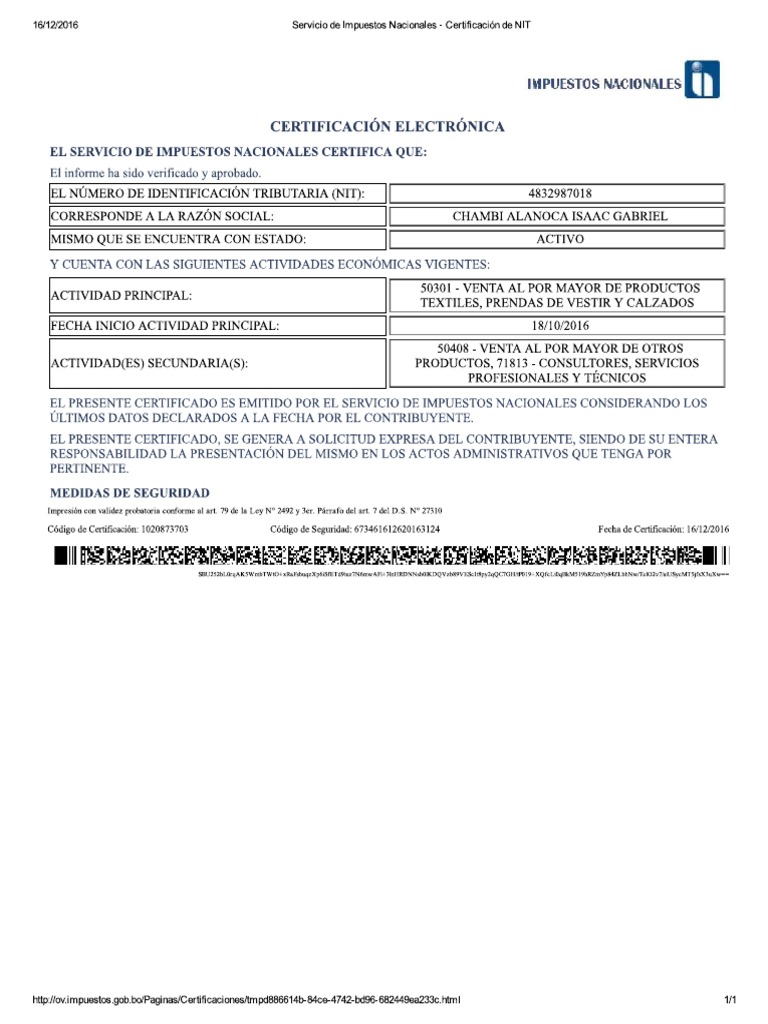 Servicio de Impuestos Nacionales - Certificación de NIT | PDF