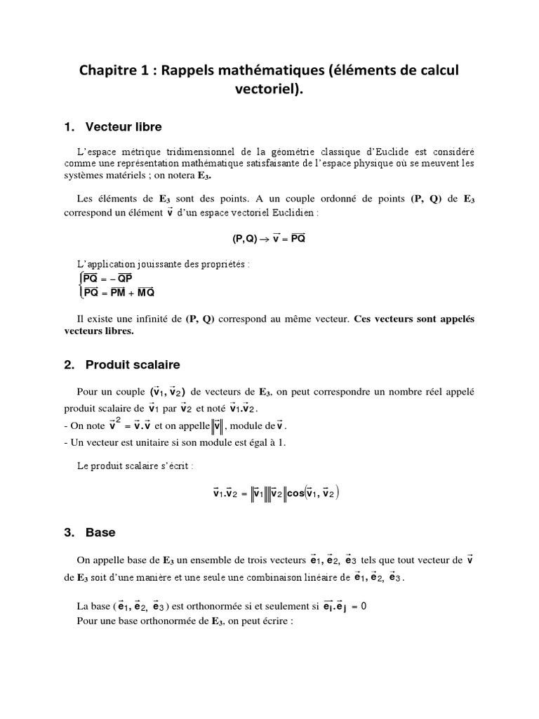 Chapitre 1 Rappels Mathmatiques Lments de Calcul Vectoriel | PDF | Base (algèbre linéaire) | Espace