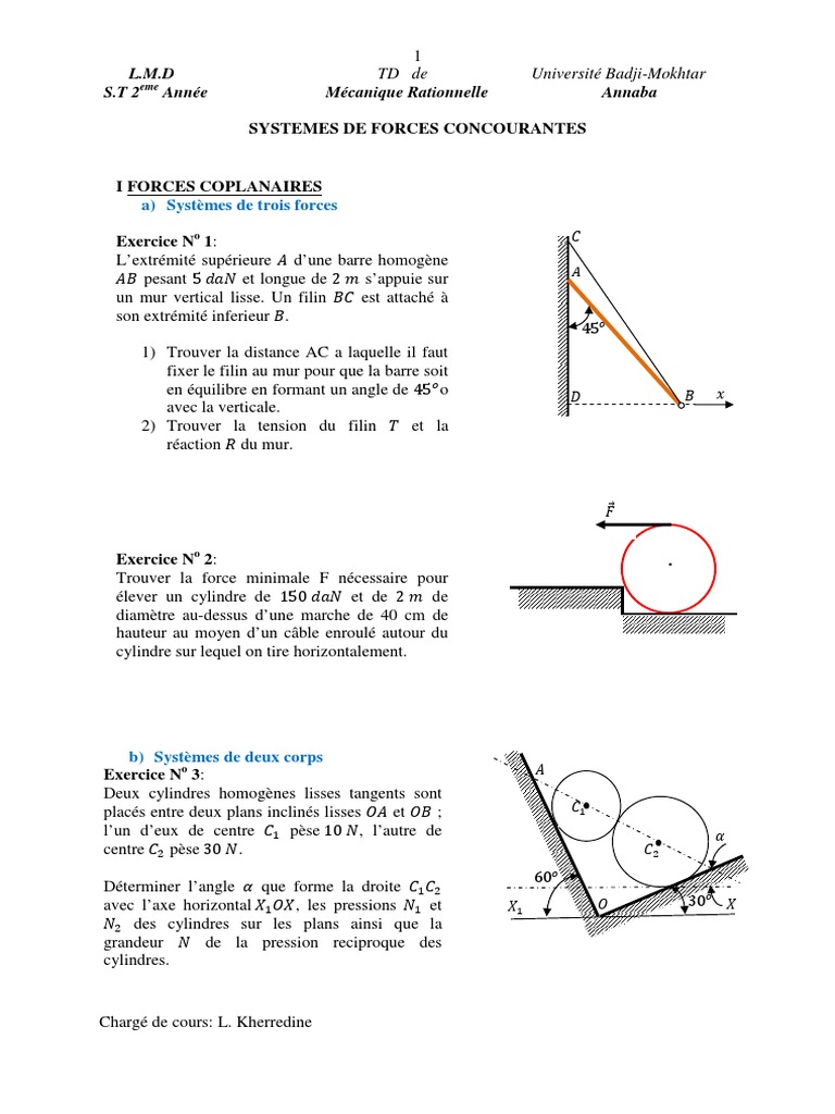 5 Exercices en Systemes de Forces Concourantes - Université de Annaba | PDF