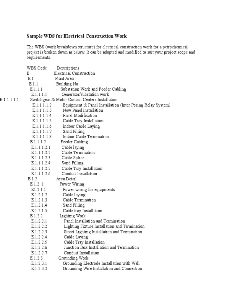 Sample WBS For Electrical Construction Work | PDF
