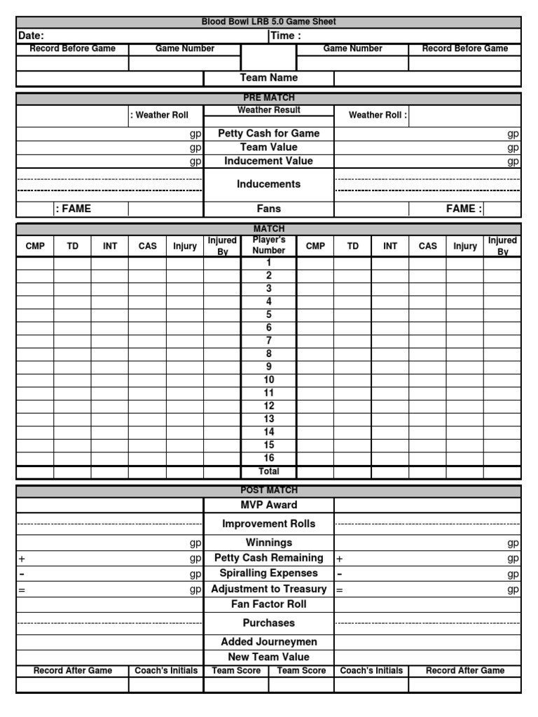 Blood Bowl Game Sheet: Tracking Stats and Results for a Match Between ...
