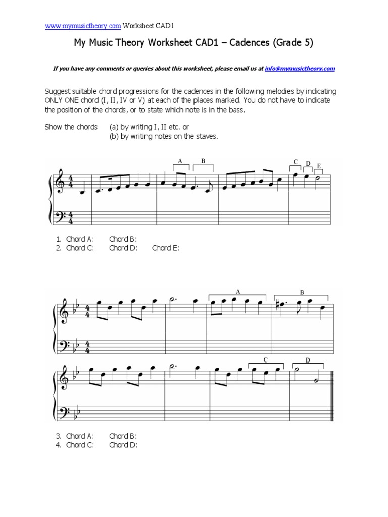 My Music Theory Worksheet CAD1 - Cadences (Grade 5) | PDF