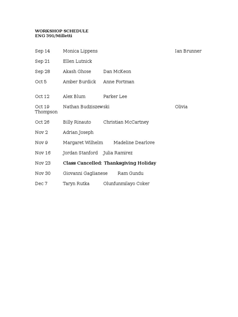 ENG 391 Workshop Schedule | PDF