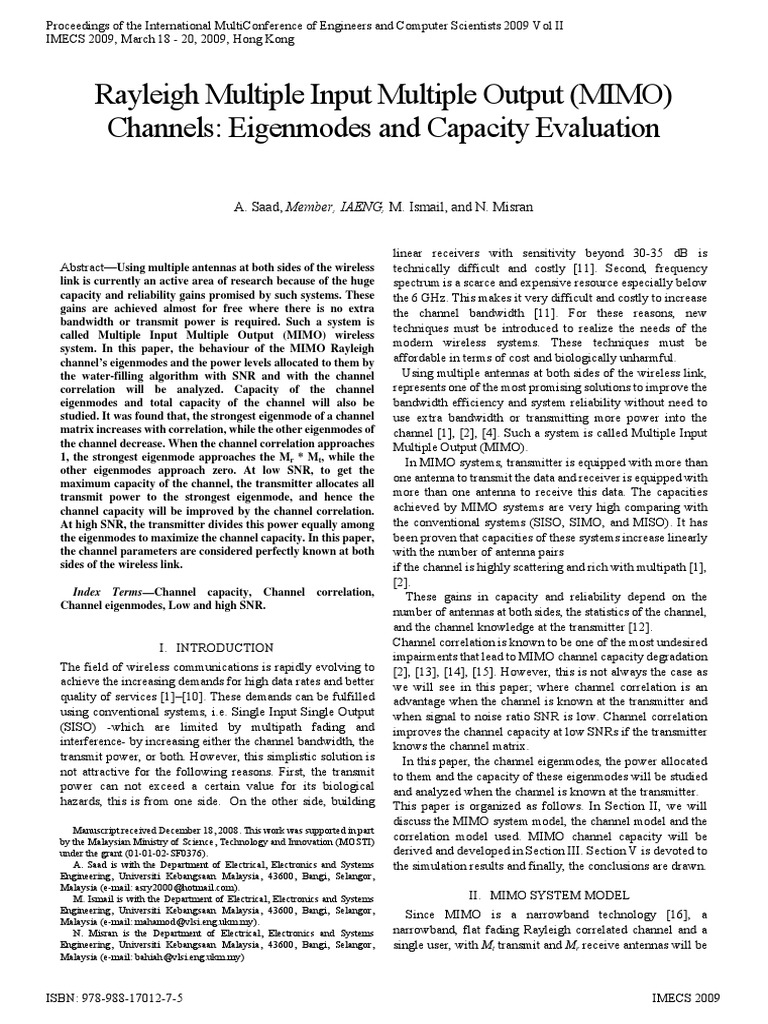 Rayleigh Multiple Input Multiple Output (MIMO) Channels Eigenmodes and Capacity | PDF | Mimo ...