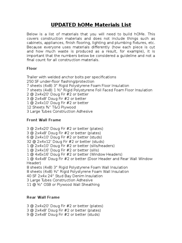 Updated Home Materials List: Floor | PDF | Home & Garden