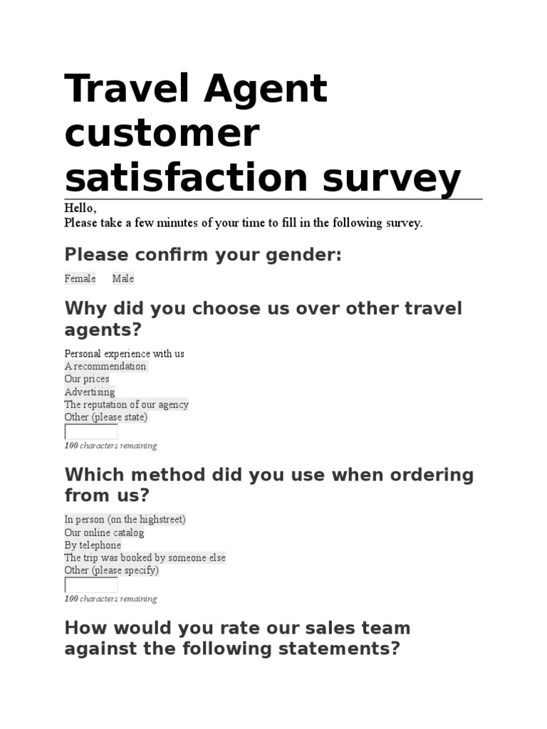 Travel Agent Customer Satisfaction Survey | PDF | Travel Agency ...