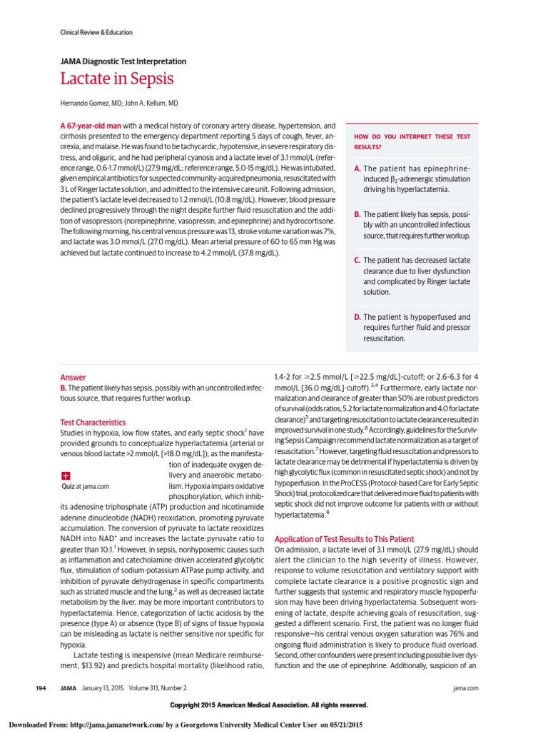 Lactate in Sepsis: JAMA Diagnostic Test Interpretation | PDF | Sepsis ...