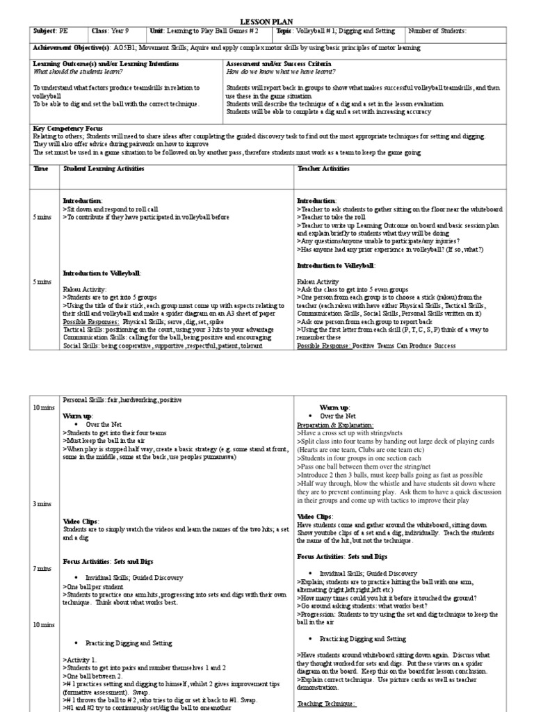 Lesson 3 Volleyball Digging Setting | PDF | Volleyball | Cognitive Science